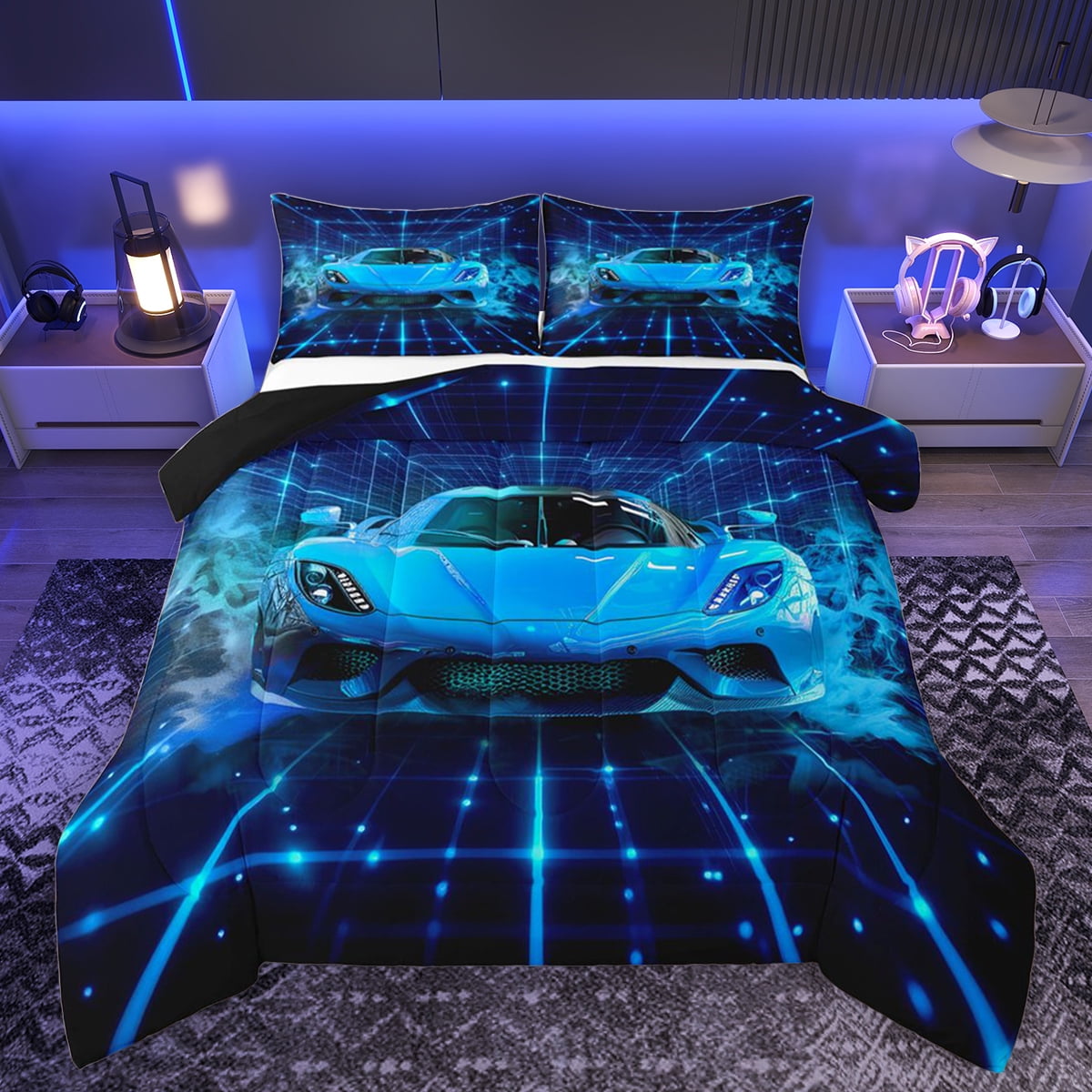 Feelyou 3D Sport Race Car Full Size Comforter Sets for Boy, Neon Blue ...