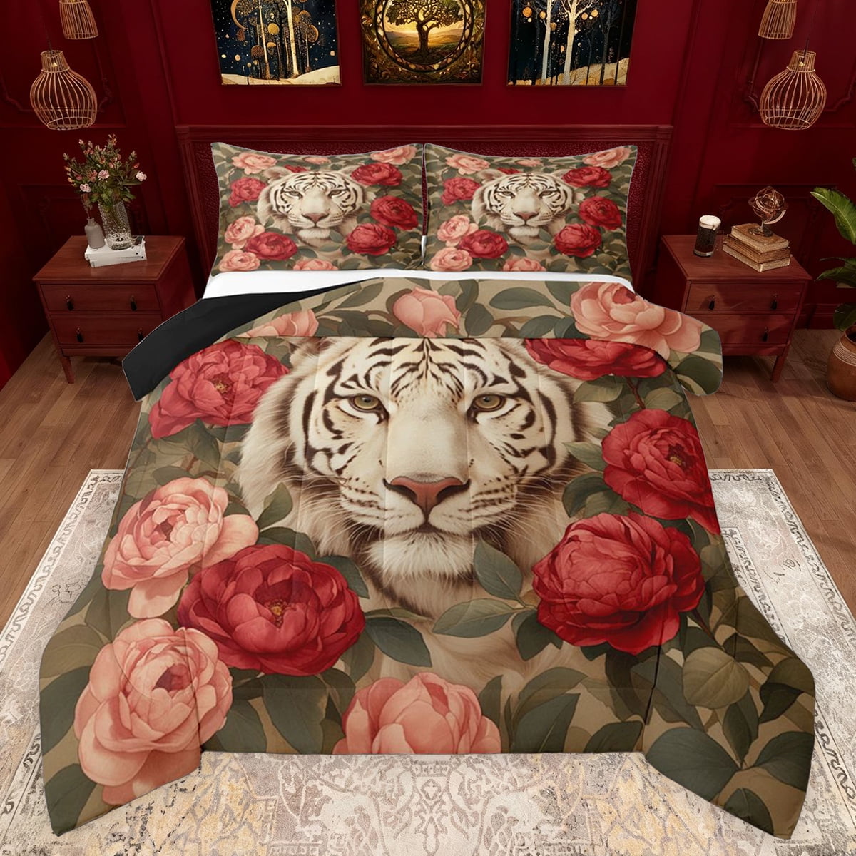 Feelyou 3D White Tiger Queen Comforter Set, Romantic Red Flower Bedding ...