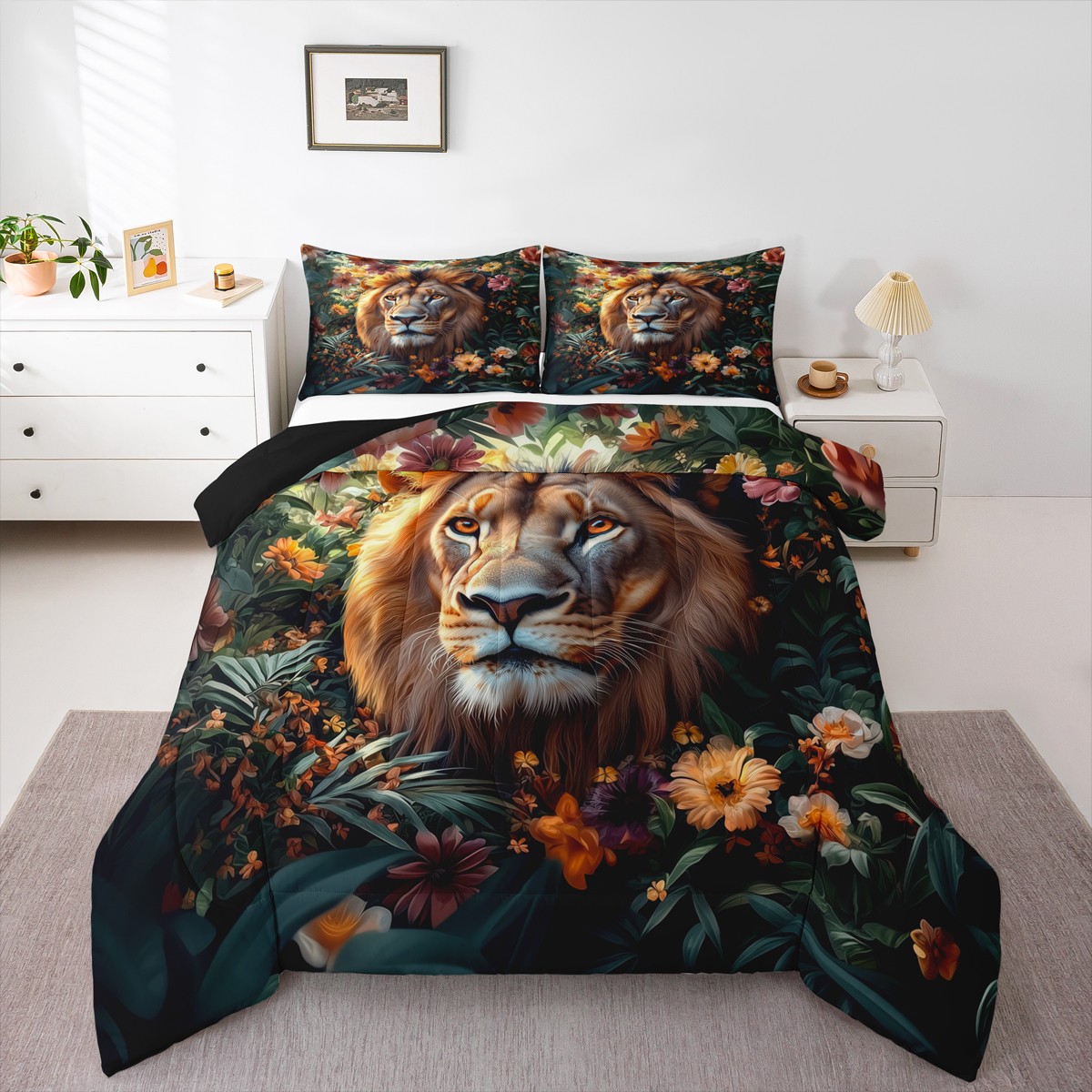 Feelyou 3D Wildlife Lion Bedding Comforter Set for Kids, Tropic Flower ...