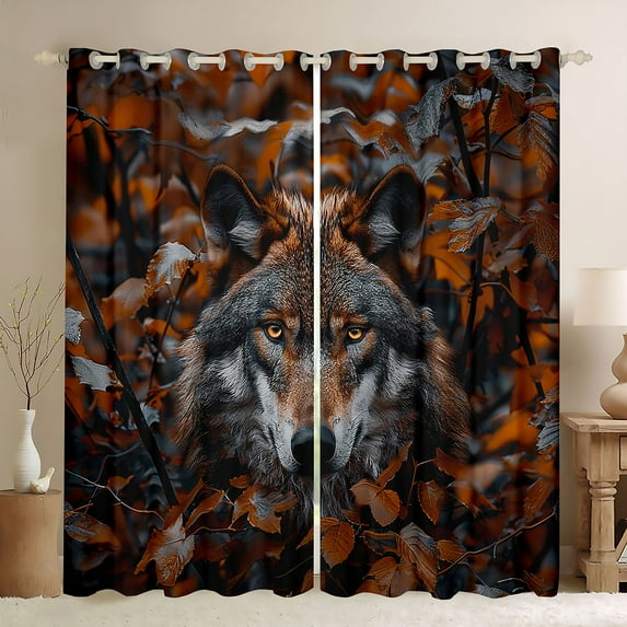 Feelyou 3D Wolf Curtains Pack of 2 (52x84 Each), Rustic Leaves Plant ...