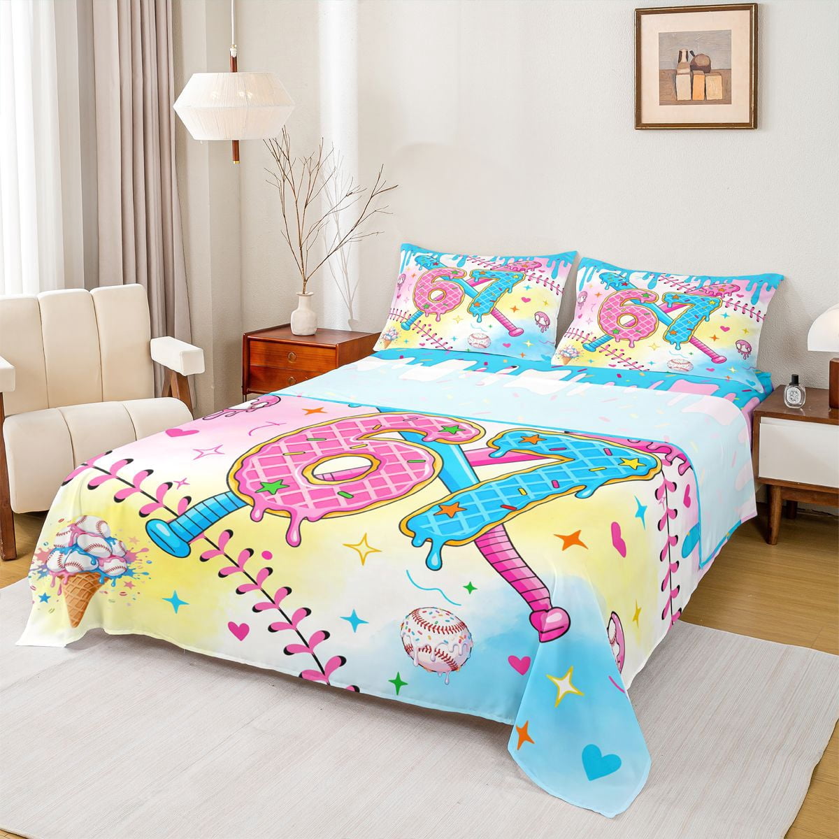Feelyou 67 Funny Number Baseball Bed Sheets, Pink Blue Crossed Bat Drip ...