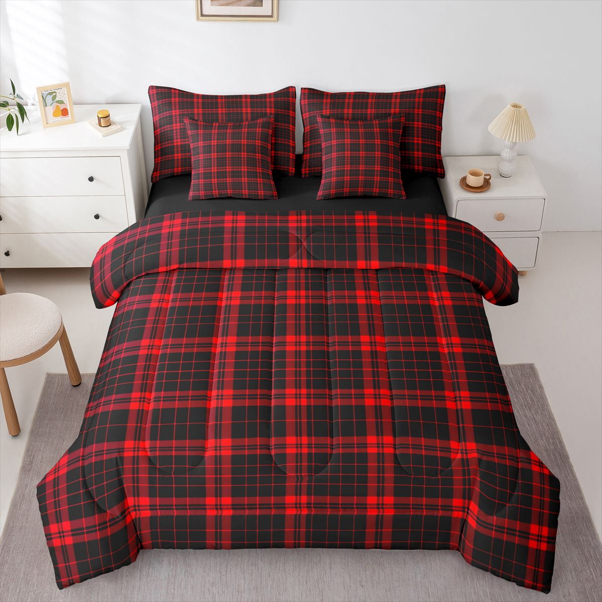 Feelyou Abstract Lines Bedding Comforter Set 7 Pieces, Black Red Plaid ...