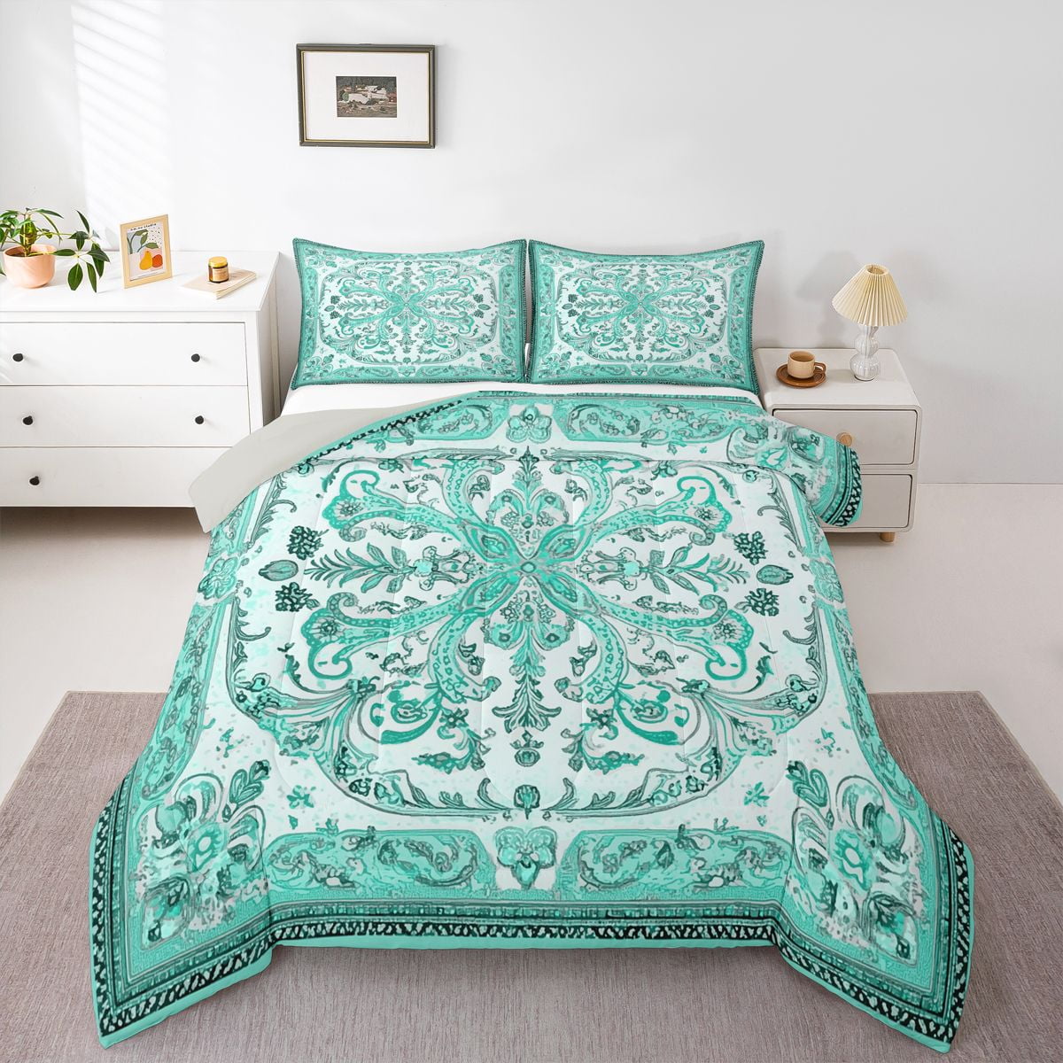 Feelyou Adult Bohemian Damask Bedding Comforter Set, Cyan Flower Floral ...