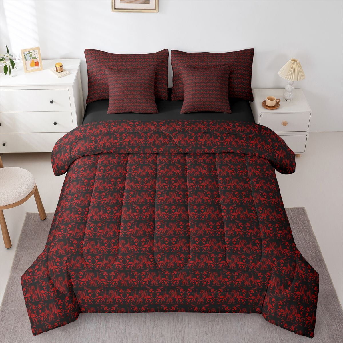 Feelyou Adult Boho Dragon Bedding Comforter Set 7pcs, Red Damask Floral ...