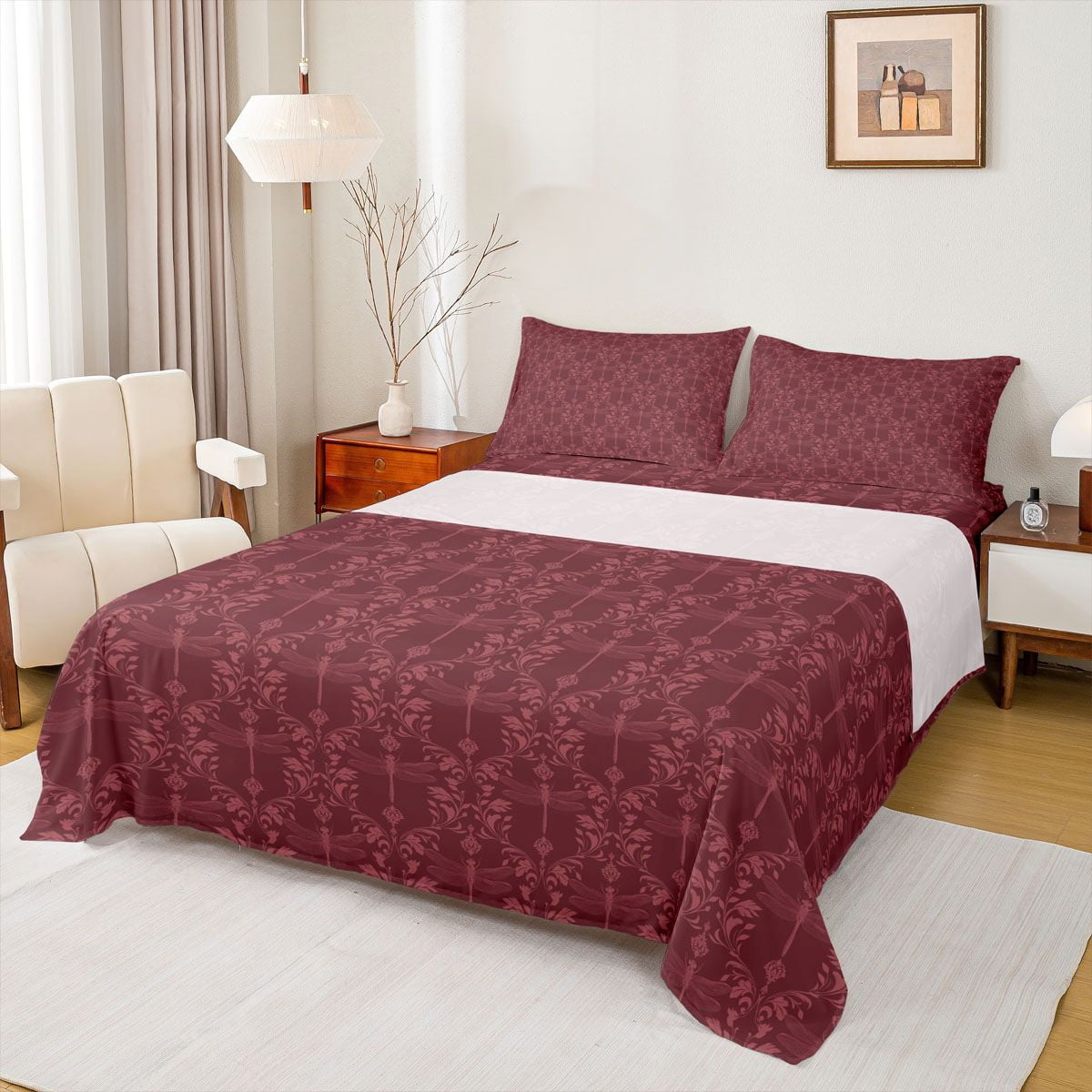 Feelyou Adult Boho Dragonfly Full Size Sheets, Maroon Damask Flower Bed ...