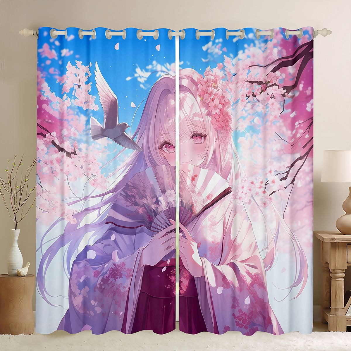 Feelyou Ancient Anime Girl Black Out Curtains, Floral Curtains Pack of ...