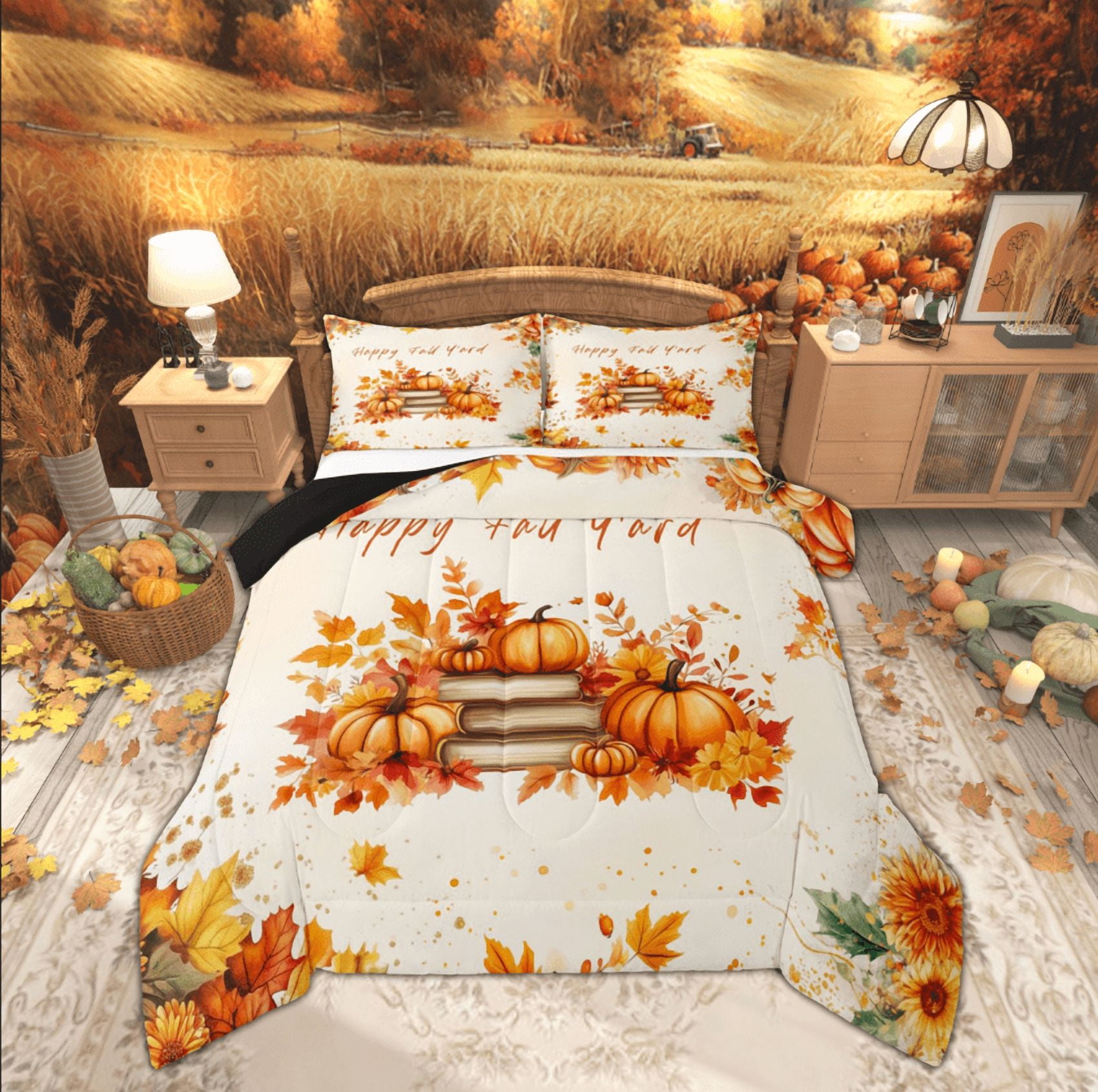 Feelyou Autumn Pumpkin Queen Comforter Set, Thanksgiving Day Bedding ...