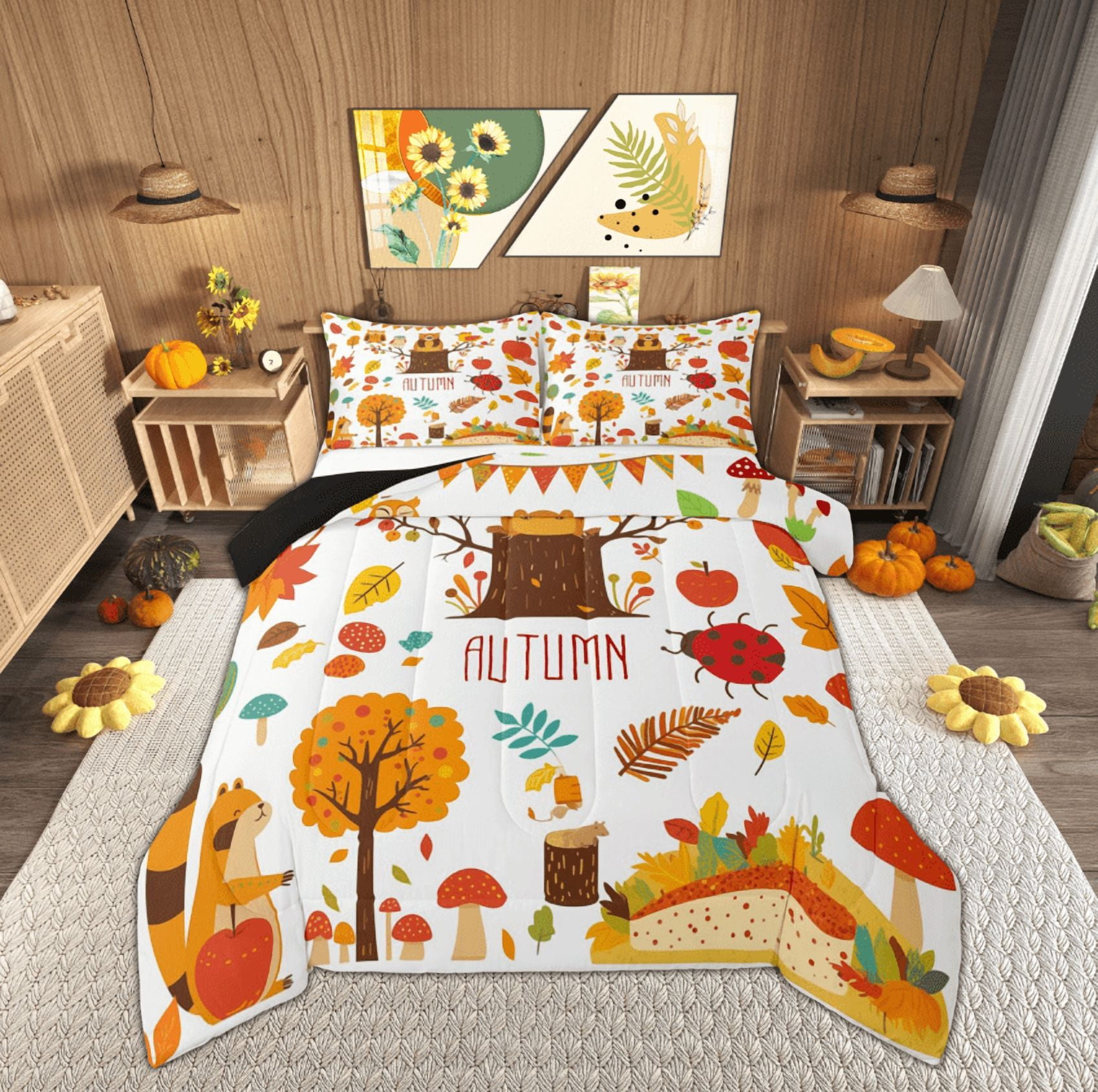 Feelyou Autumn Tree Leaf King Size Comforter Sets, Kawaii Animal ...