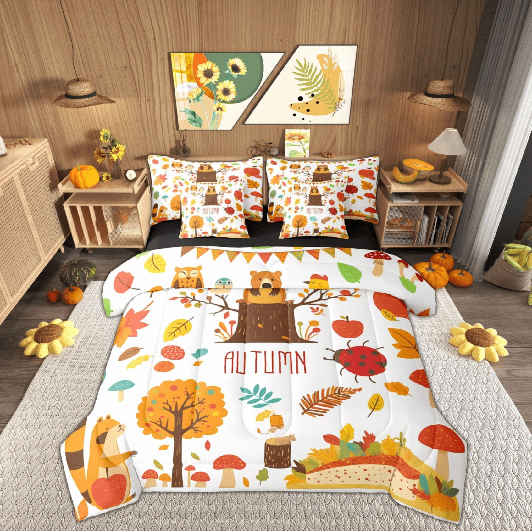 Feelyou Autumn Tree Leaf Twin Bedding Sets 7-Piece, Kawaii Animal ...