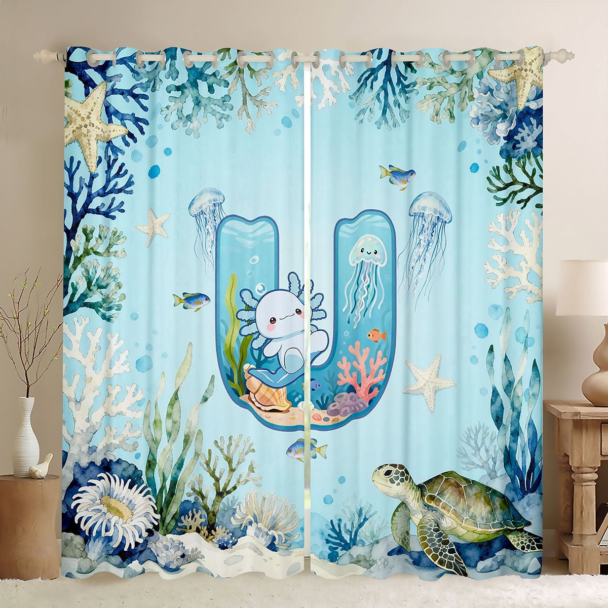 Feelyou Axolotl Black Out Curtains, Letter U Curtains Pack of 2 (42x63 ...