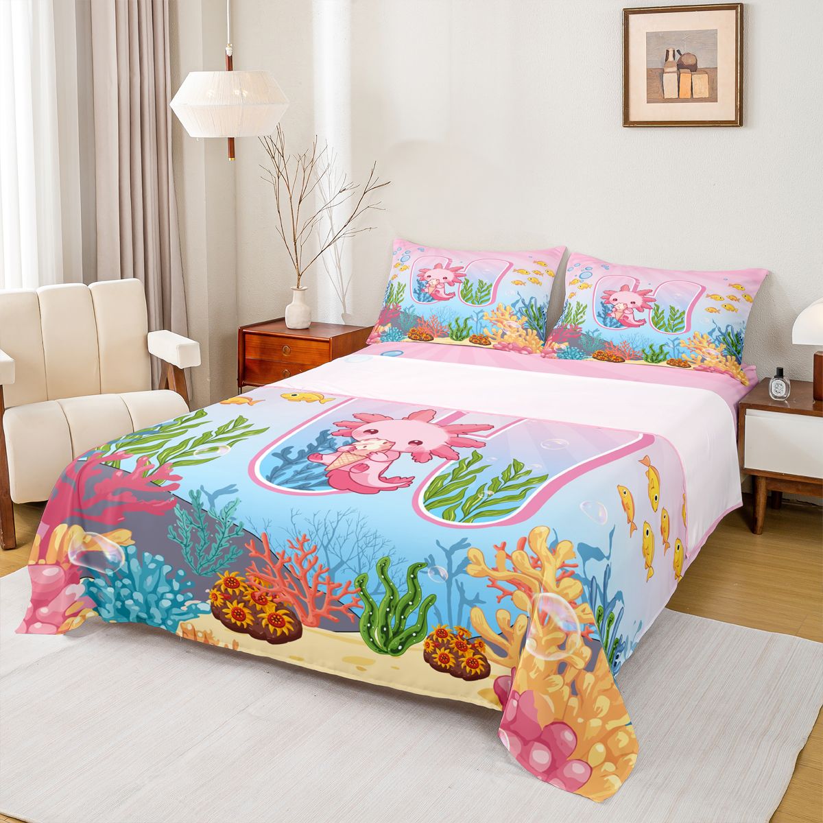 Feelyou Axolotl Letter H Twin Sheet Sets, Fairy Tale Sealife Twin ...