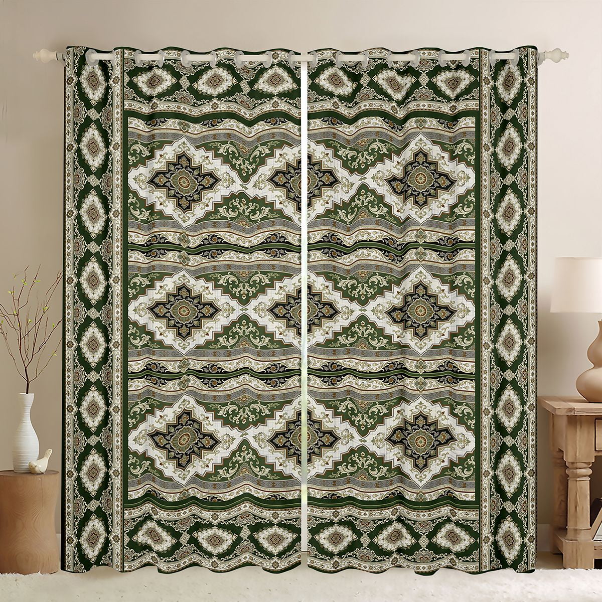 Feelyou Aztec Black Out Curtains, Green Triangle Abstract Curtains Pack ...