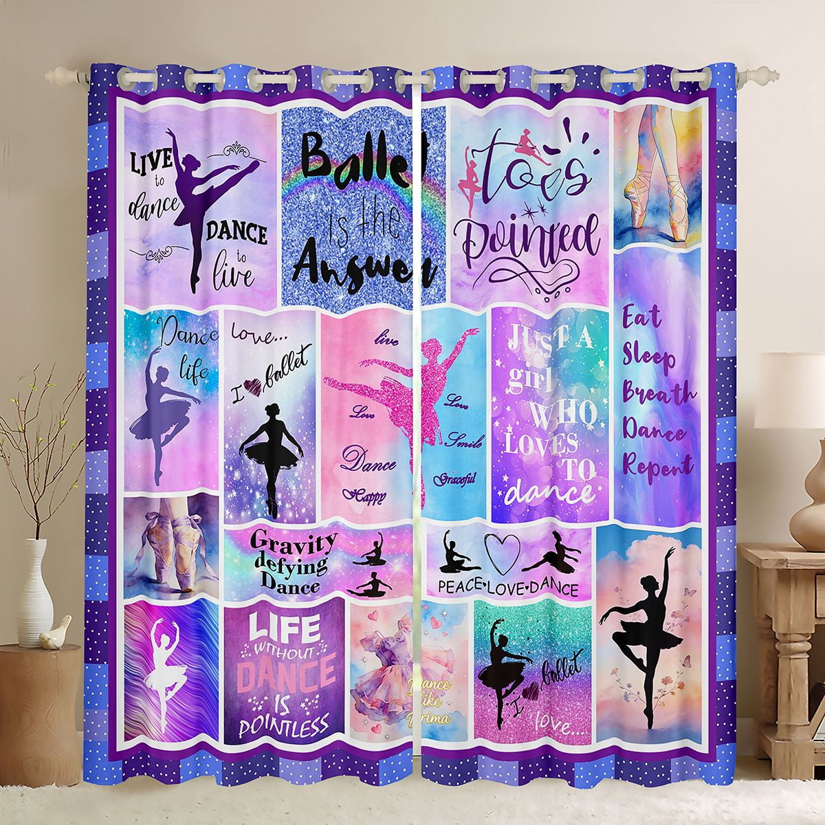 Feelyou Ballet Dance Black Out Curtains, Purple Patchwork Curtains Pack ...