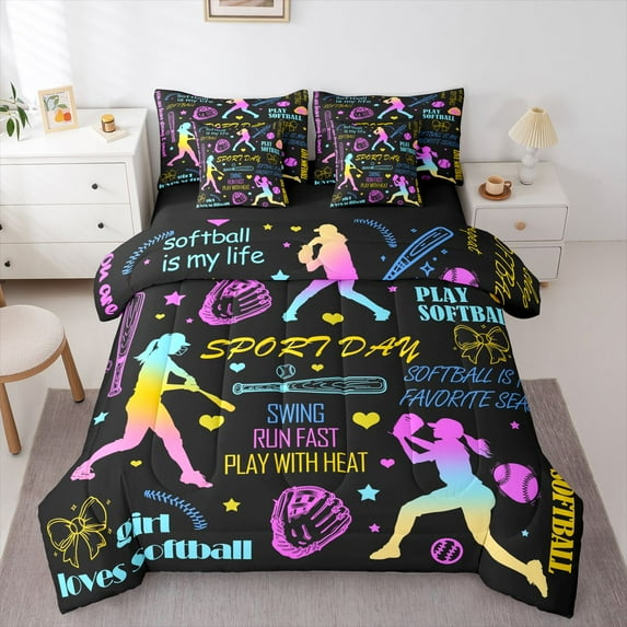 Feelyou Baseball Player Bedding Comforter Set 7pcs, Cute Bowknot Stars ...