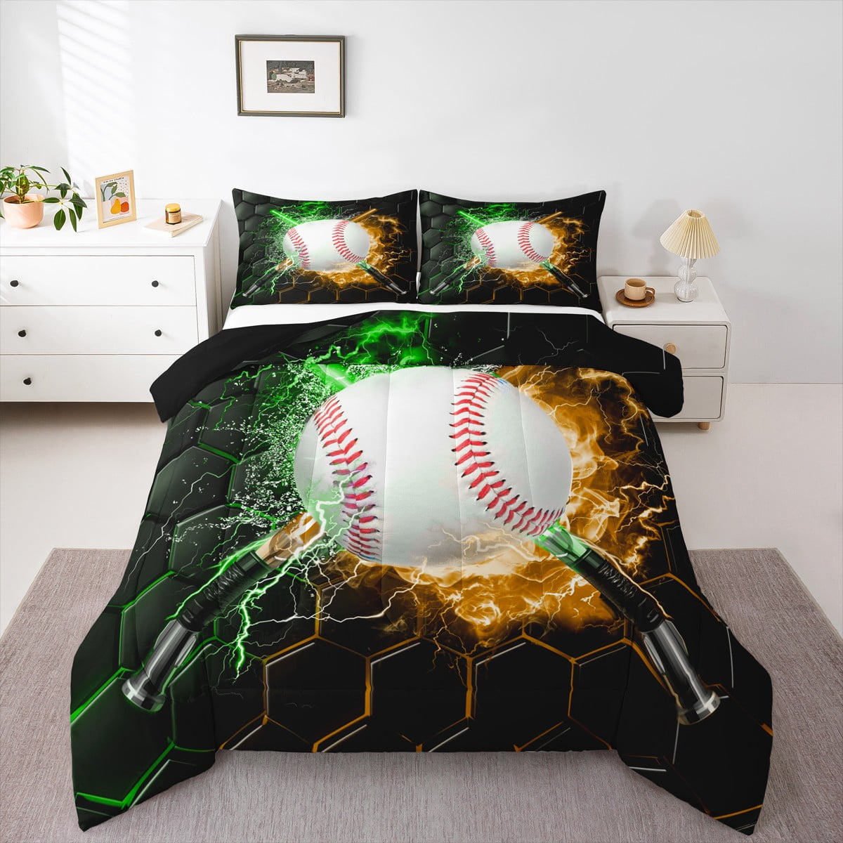 Feelyou Baseball Sports Boys Bedding Comforter Set, Green Yellow ...