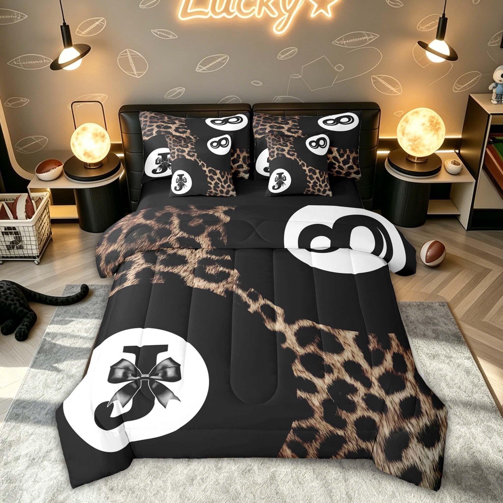 Feelyou Billiards J Letter Twin Bedding for Girls, Chic Bowknot Leopard ...