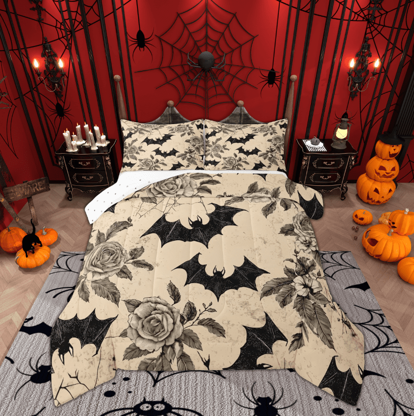 Feelyou Black Bat Animal Full Size Comforter Sets, Retro Romantic Rose ...