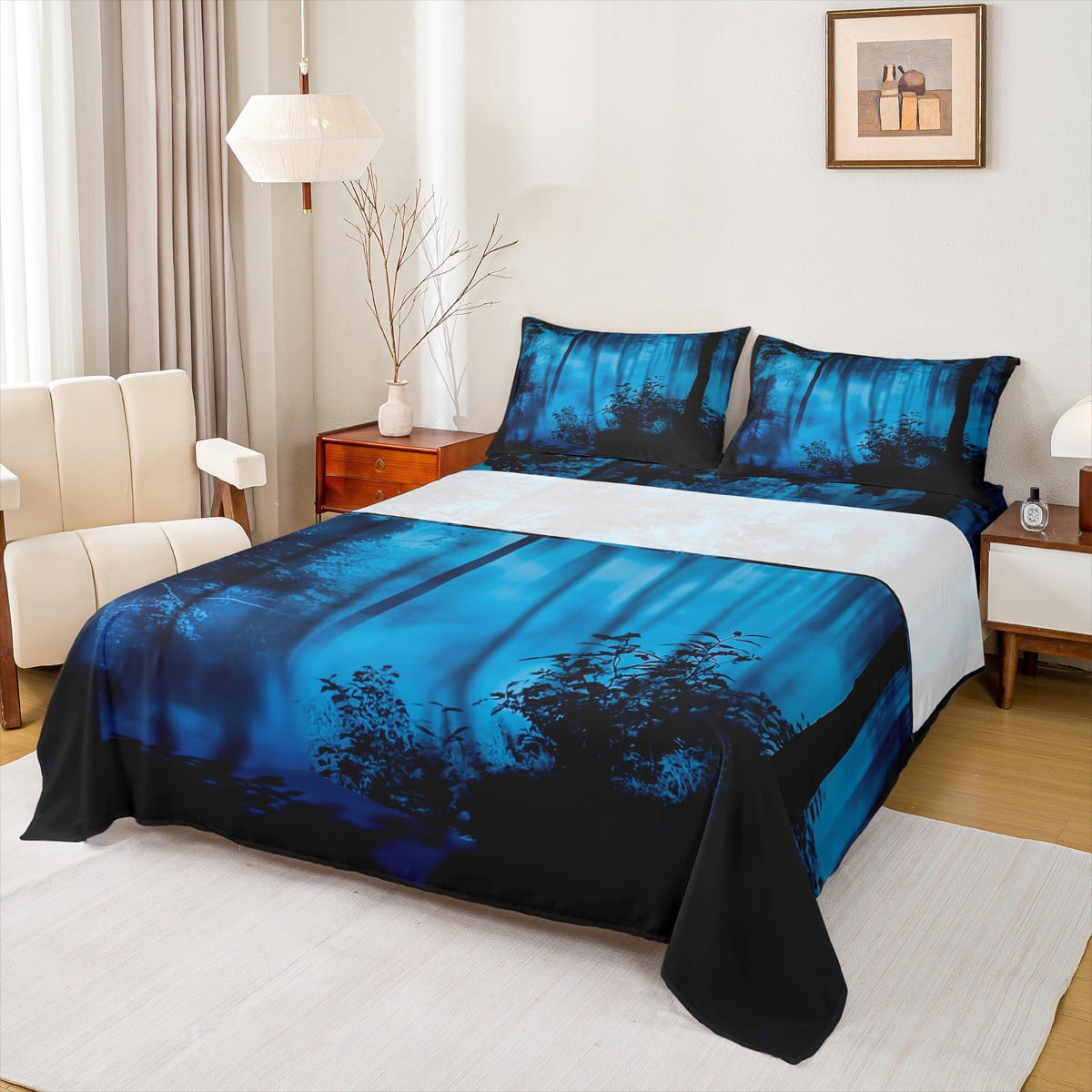 Feelyou Black Blue Pine Tree Bed Sheets, Jungle Plant Botanical King ...