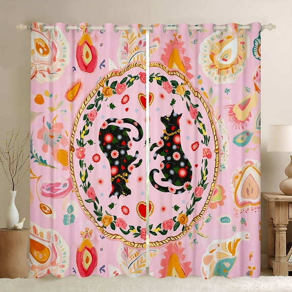 Feelyou Black Boho Cat Black Out Curtains, Pink Flower Curtains Pack of ...