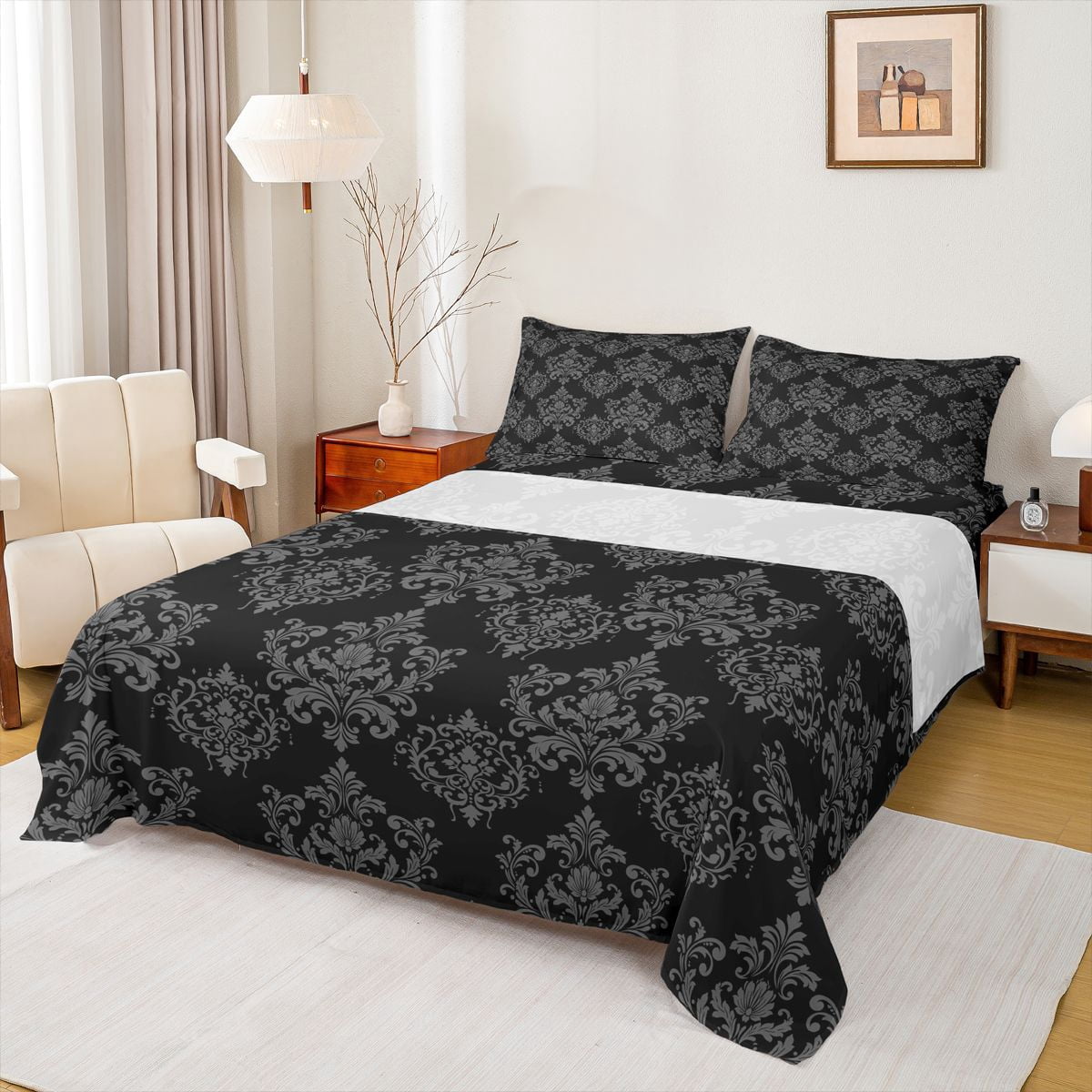 Feelyou Black Boho Damask Bed Sheets for Adult, Vintage Western Flower ...