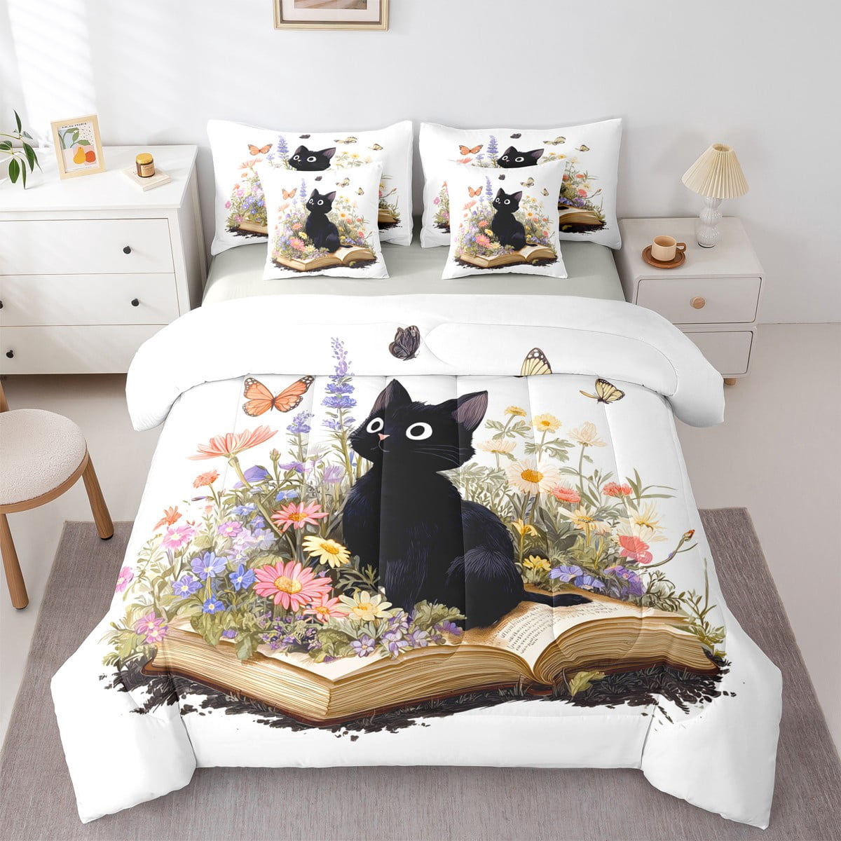 Feelyou Black Cat Kids Twin Bedding Sets 7-Piece, Kawaii Cartoon Kitten ...