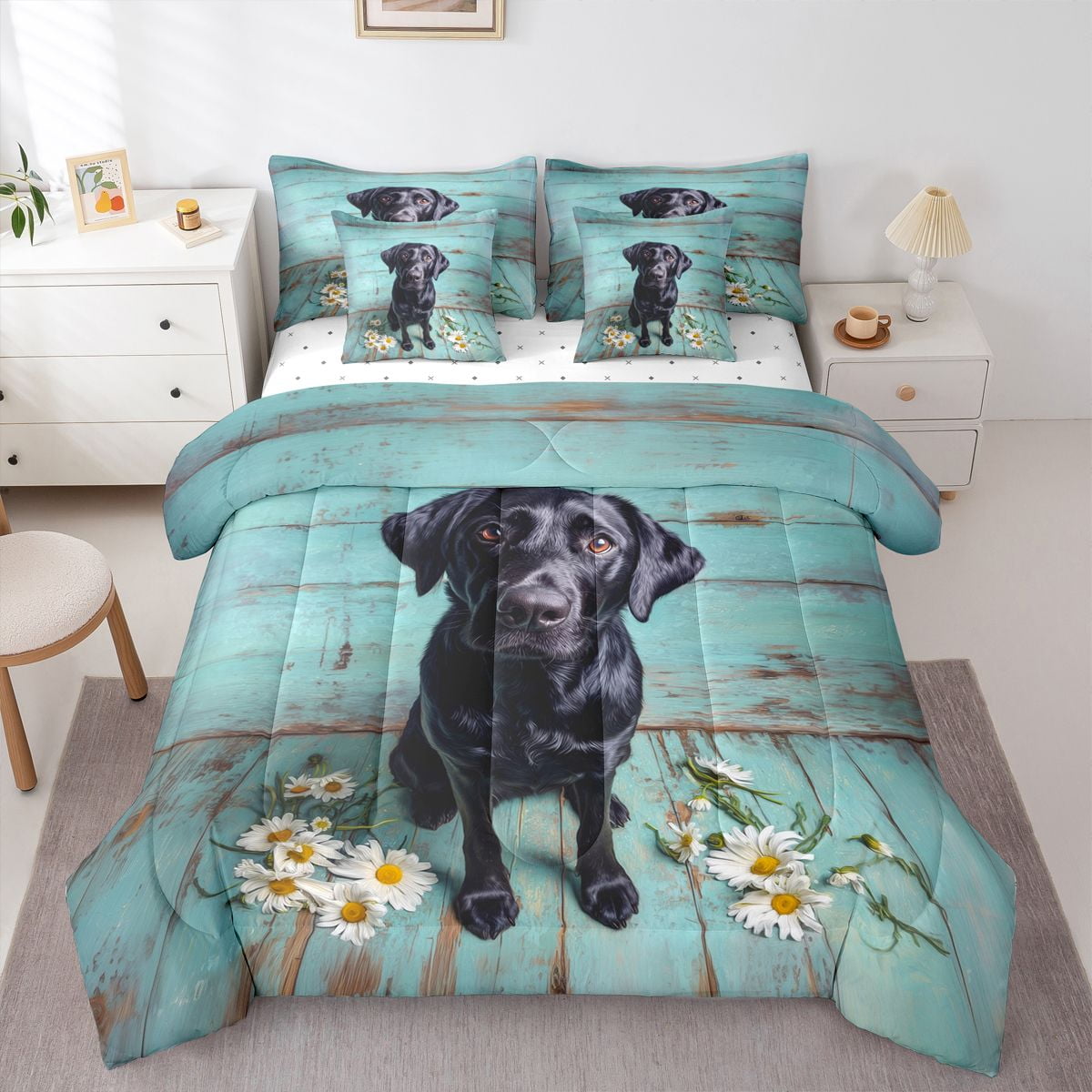 Feelyou Black Dog Animal Comforter Set 7pcs, Rustic Groovy Flower Queen ...