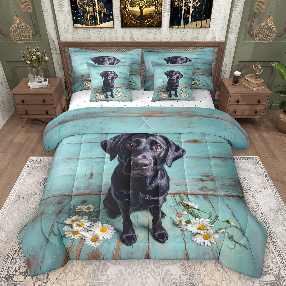 Feelyou Black Dog Animal Comforter Set 7pcs, Rustic Groovy Flower Queen ...