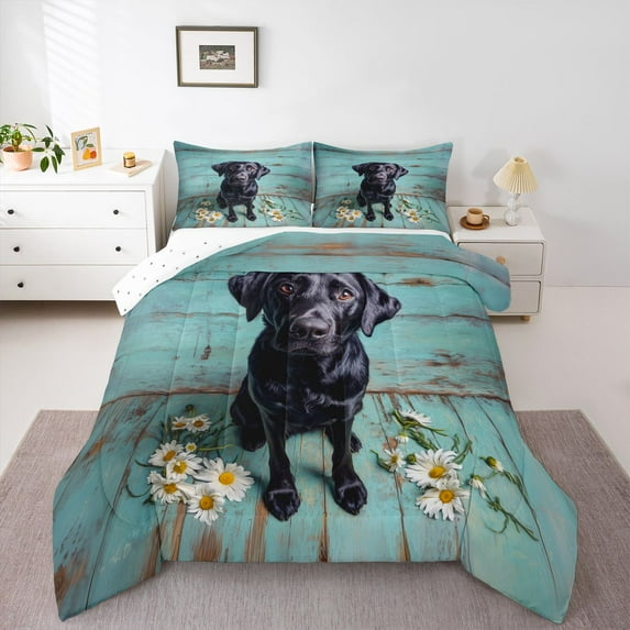 Feelyou Black Dog Animal Queen Comforter Set, Rustic Groovy Flower ...