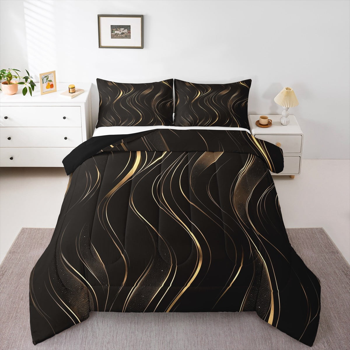 Feelyou Black Gold Stripes Bedding Comforter Set, Modern Abstract Geometry Twin Comforter Sets ...