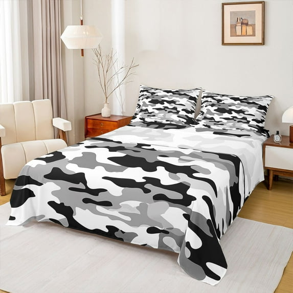 Feelyou Black Grey Camo Queen Sheet Sets, Abstract Ombre Stripes Bed ...