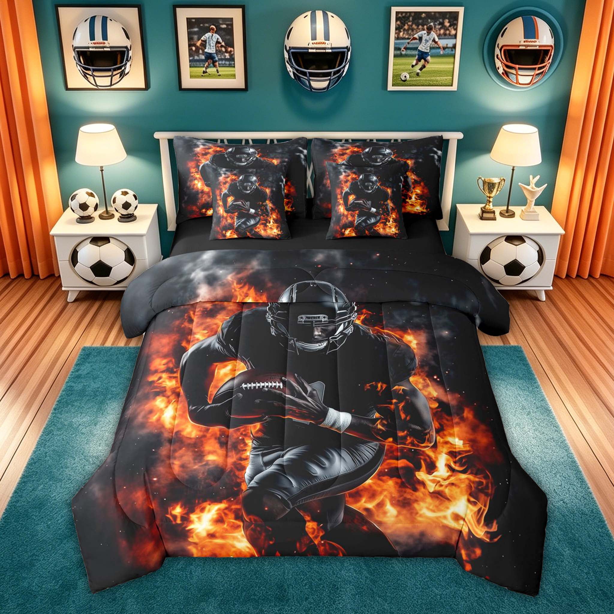 Feelyou Black Orange Fiery Football King Bedding for Boys, Player ...