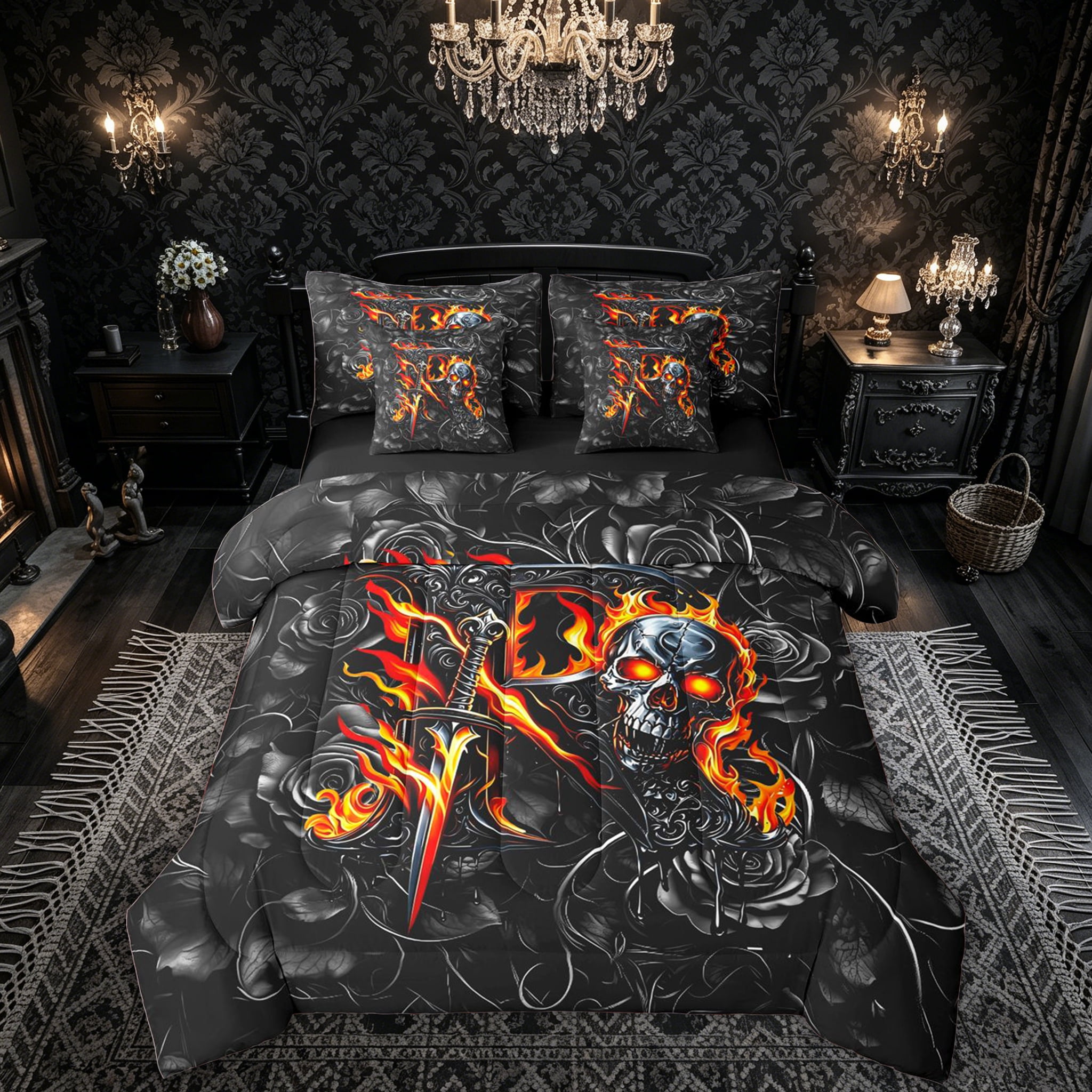 Feelyou Black Orange Skull Letter R Queen Bedding for Women, Flame Fire ...
