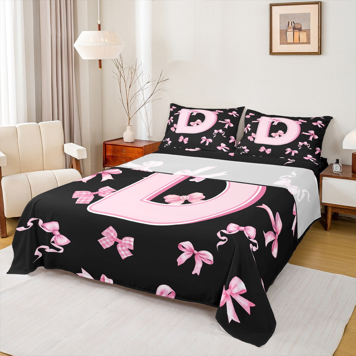 Feelyou Black Pink Letter Full Size Sheets for Kids, Bowknot ...