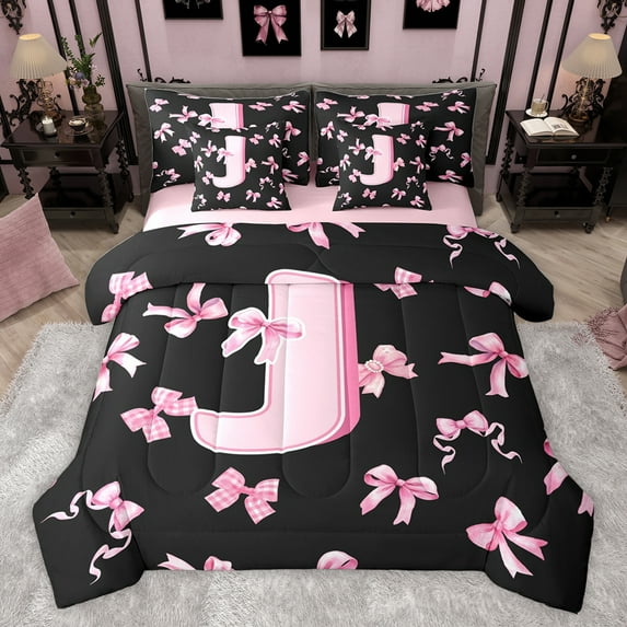Feelyou Black Pink Letter Twin Bedding Sets 7-Piece for Kids, Bowknot Monogrammed J Bedding ...