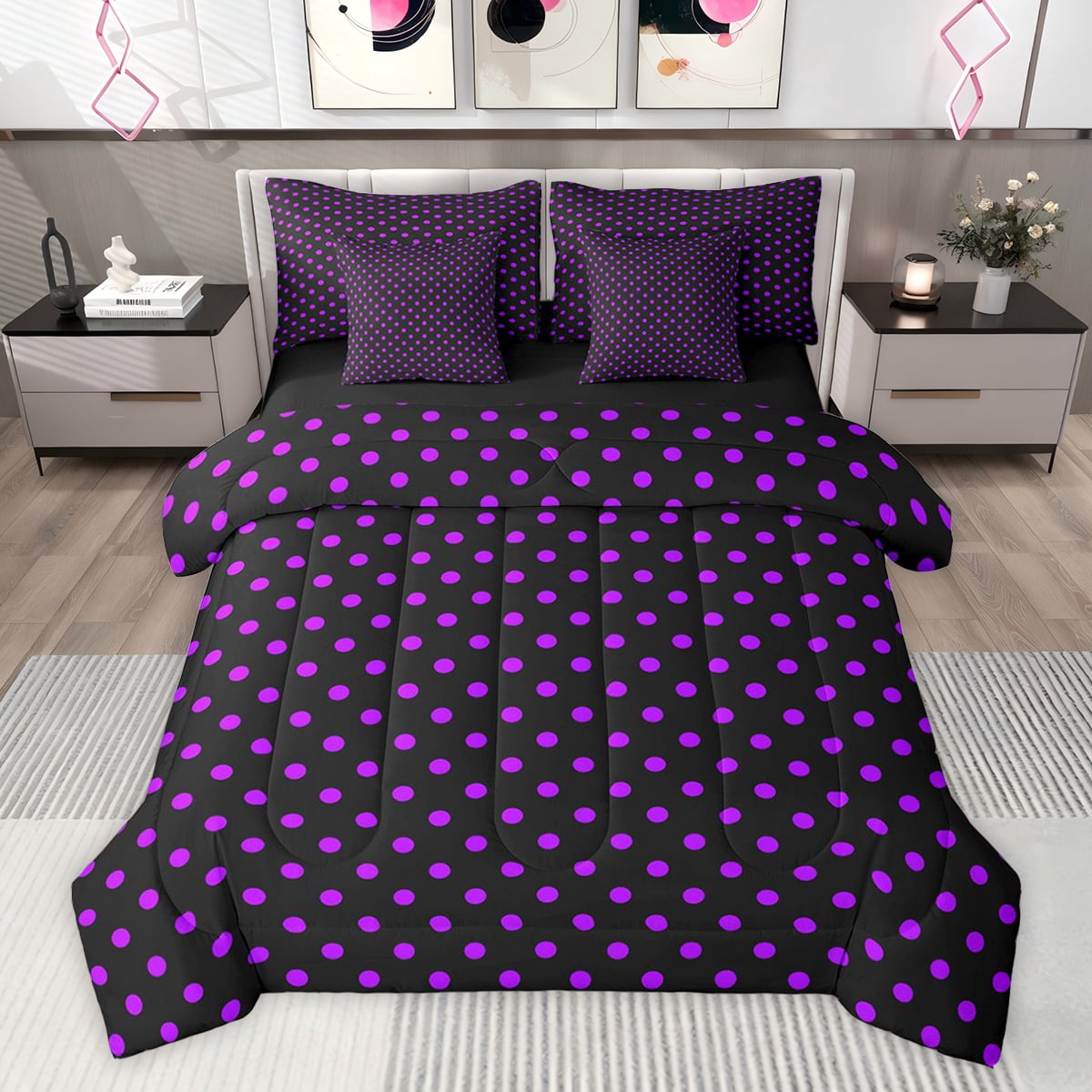 Feelyou Black Purple Abstract Comforter Set 7pcs, Simple Polkadot King ...