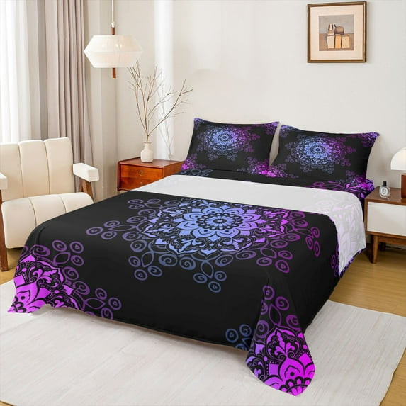 Feelyou Black Purple Damask Full Size Sheets, Bohemian Mandala Flower ...
