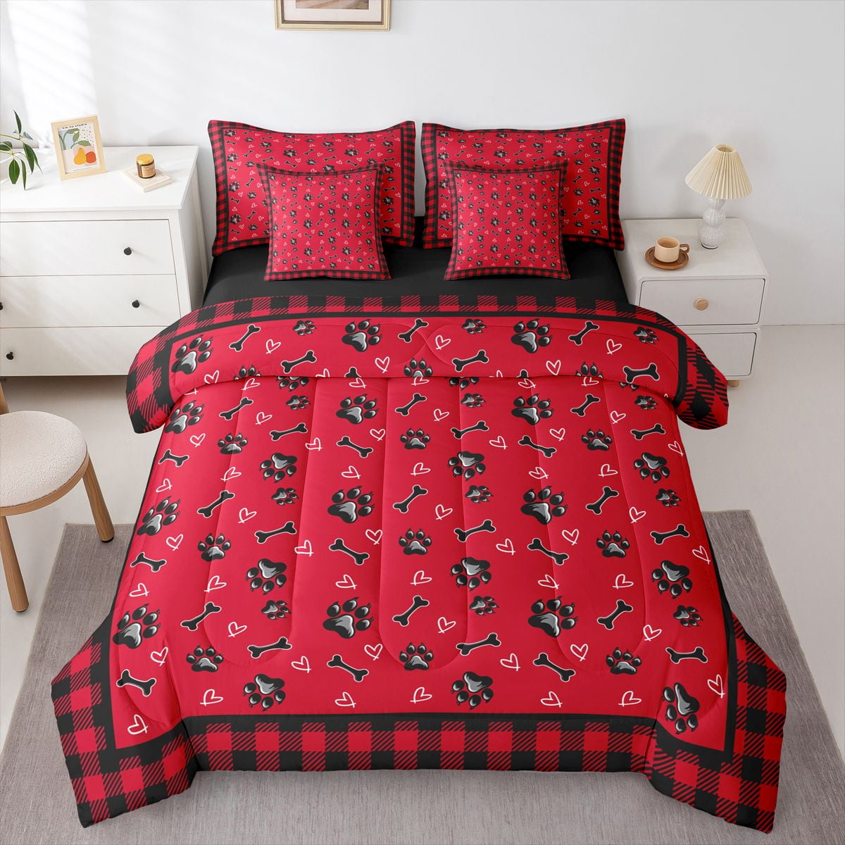 Feelyou Black Red Plaid Bedding Comforter Set 7 Pieces, Kawaii Animal ...