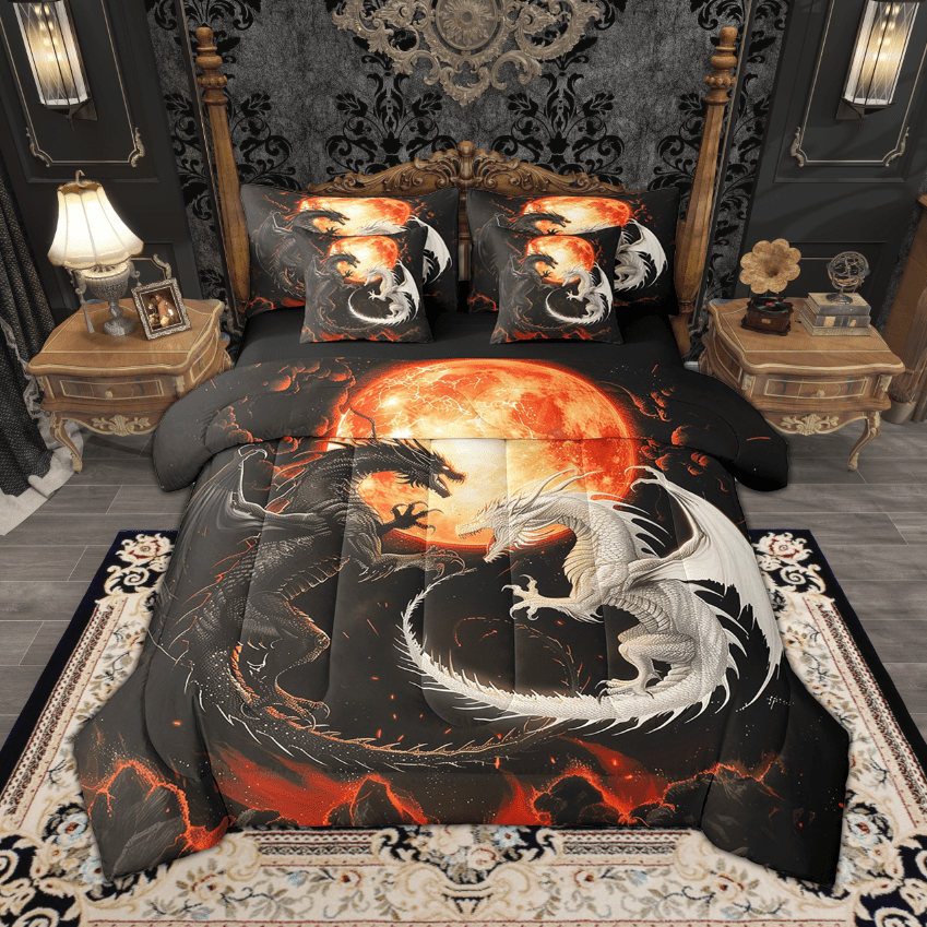 Feelyou Black White Dragon Bedding Comforter Set 7 Pieces, Red Moon ...