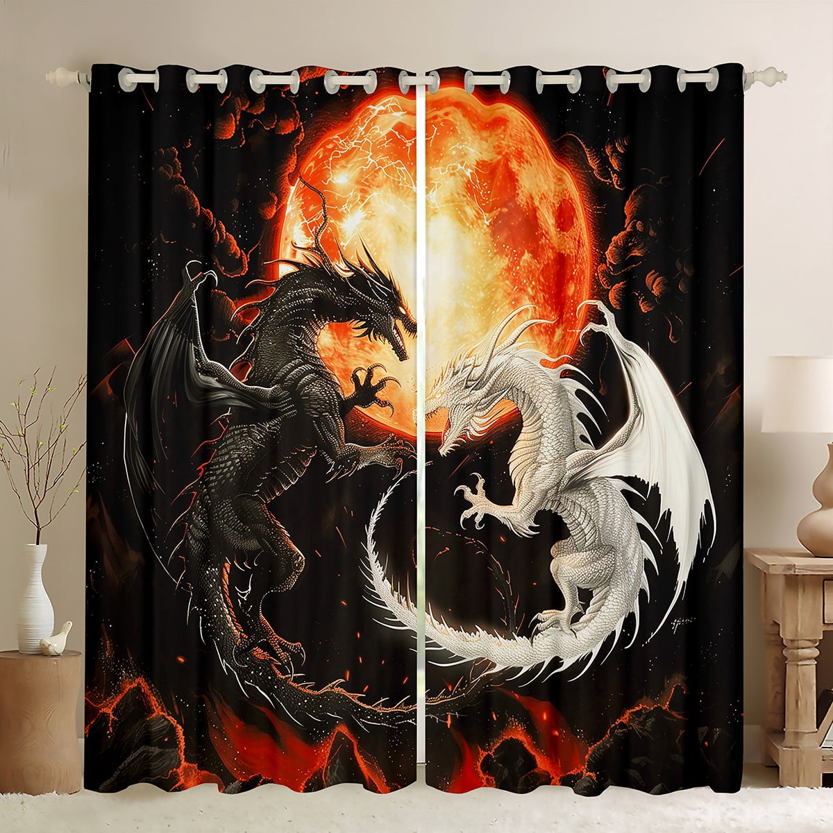Feelyou Black White Dragon Blackout Curtains Set of 2 (52x84 Each), Red ...