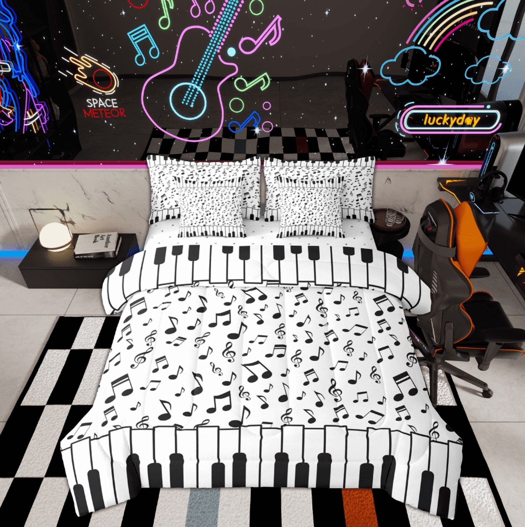 Feelyou Black White Piano Bedding Comforter Set 7pcs, Melody Musical ...