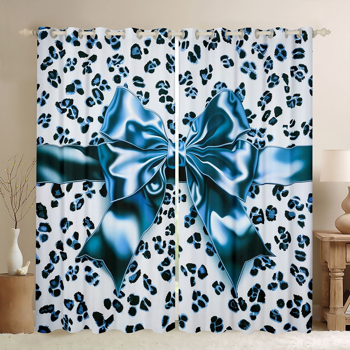 Feelyou Blue Bowknot Curtains Pack of 2 (42x84 Each), Leopard Print ...