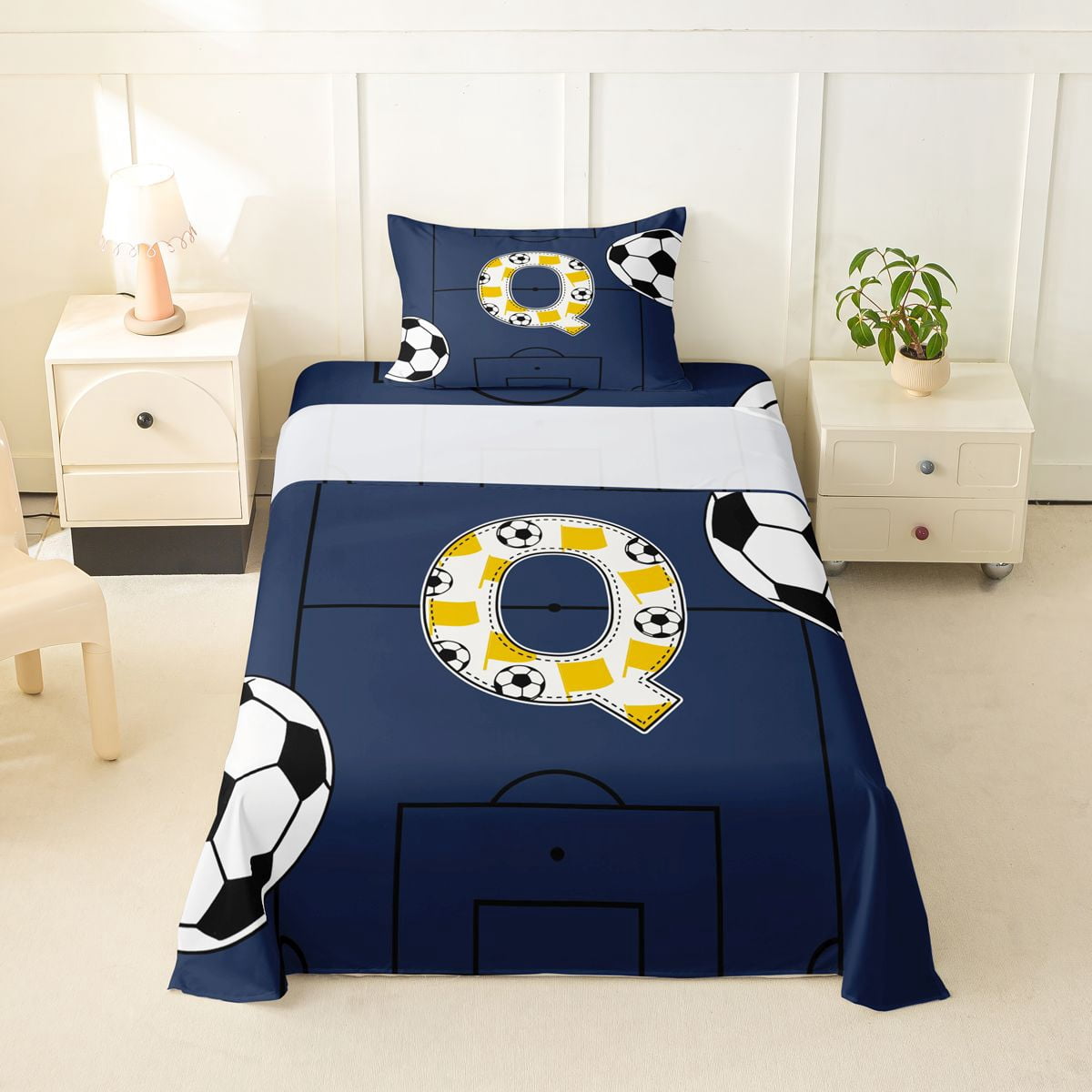 Feelyou Blue Cartoon Sport Soccer Twin Sheets for Boys, Flag Initial Q ...