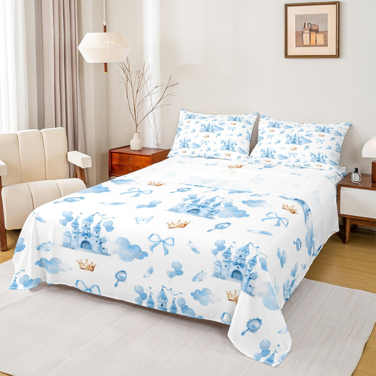 Feelyou Blue Castle Bed Sheets for Teens, Cartoon Crown Ribbon King ...