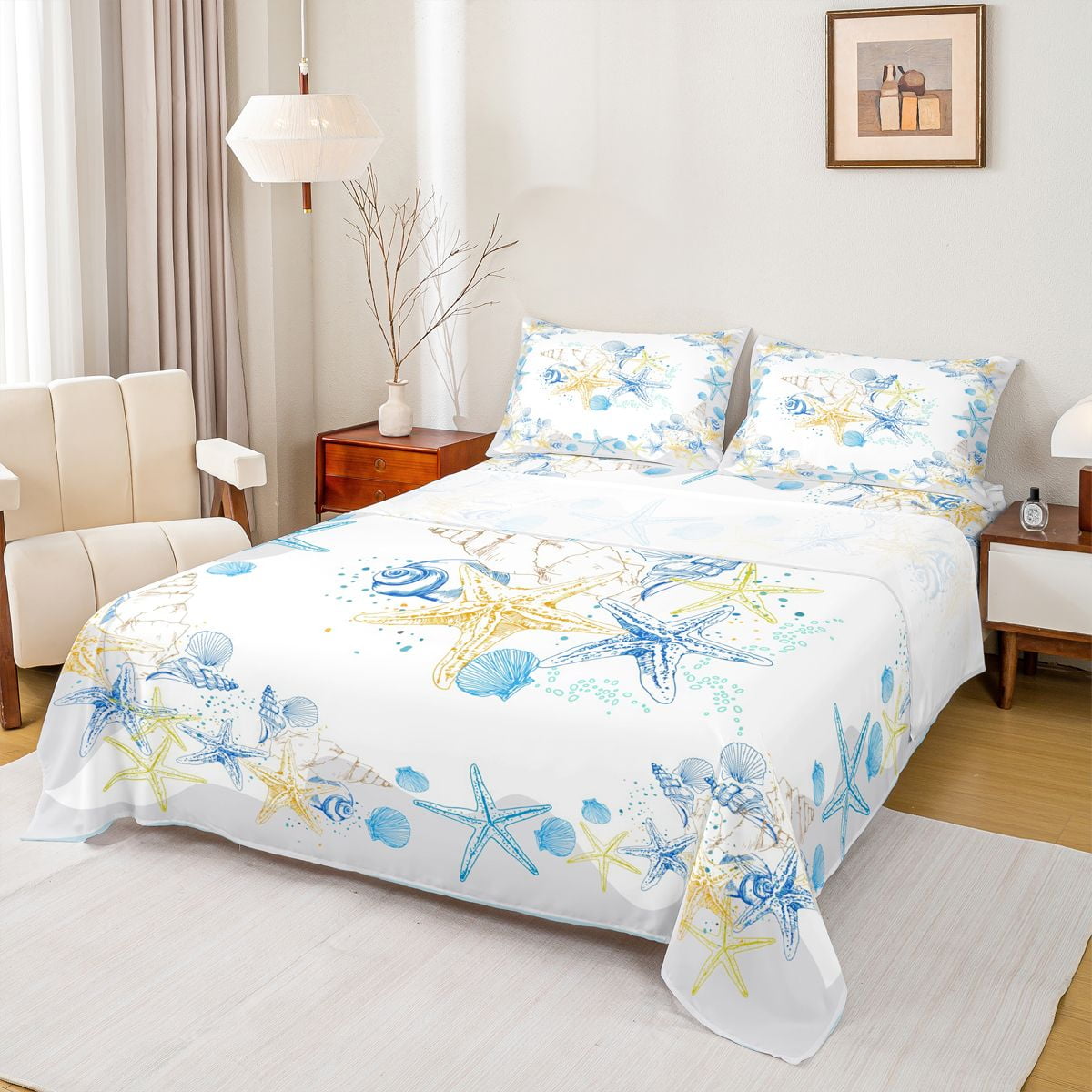 Feelyou Blue Gold Starfish Bed Sheets, Cartoon Ocean Theme King Sheets ...