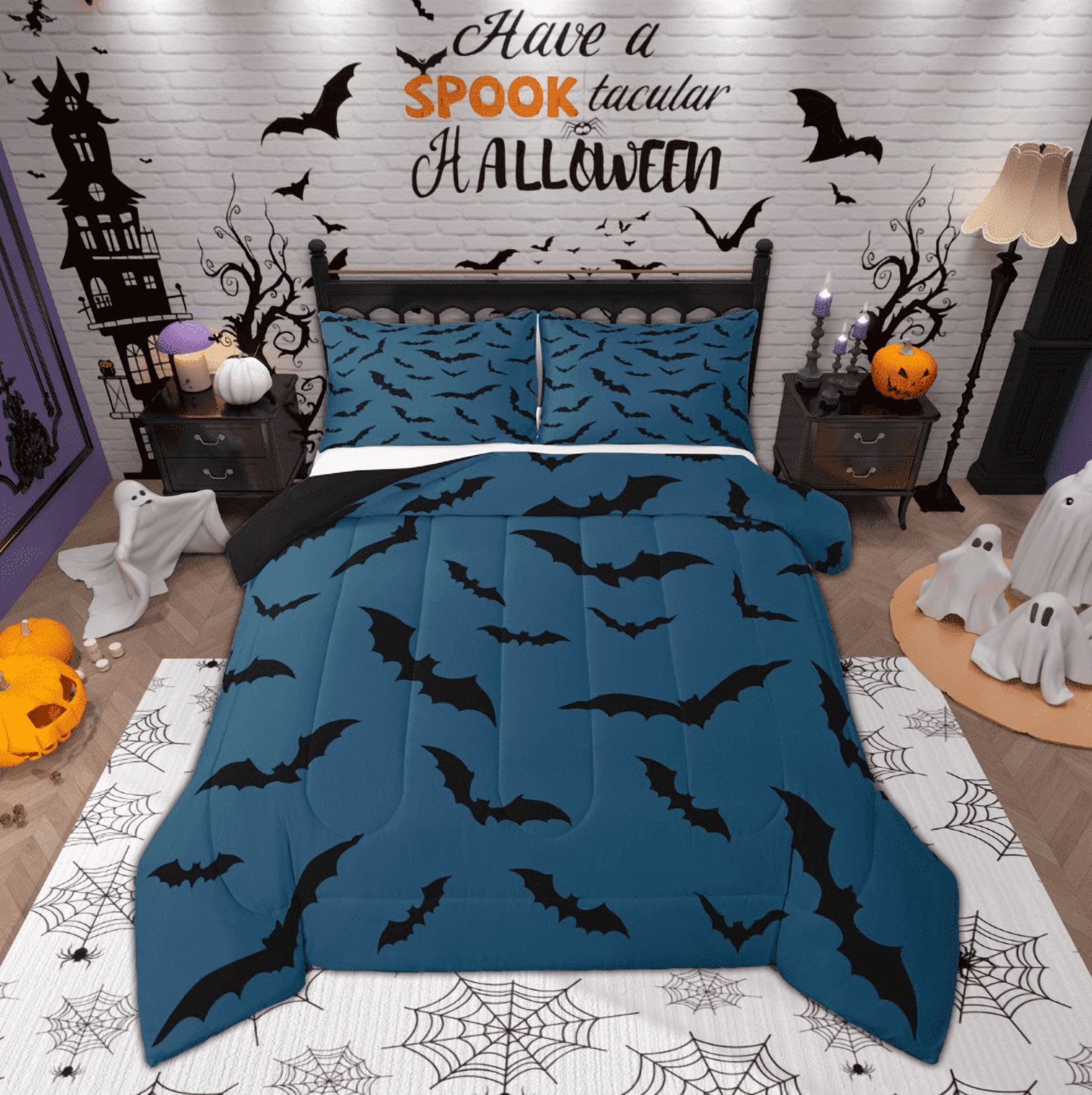 Feelyou Blue Gothic Bat Full Size Comforter Sets for Teen, Halloween ...