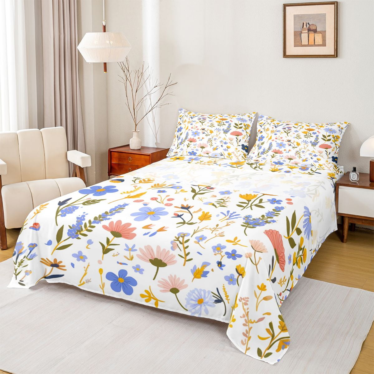 Feelyou Blue Groovy Floral Twin Sheet Sets for Kids, Rustic Daisy ...