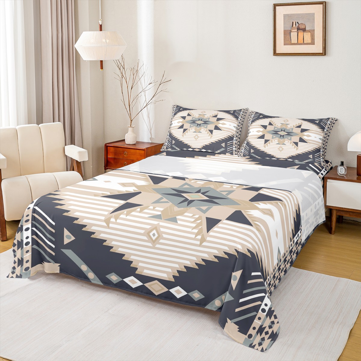 Feelyou Blue Hippie Aztec Full Size Sheets for Women, Wheat Triangle ...