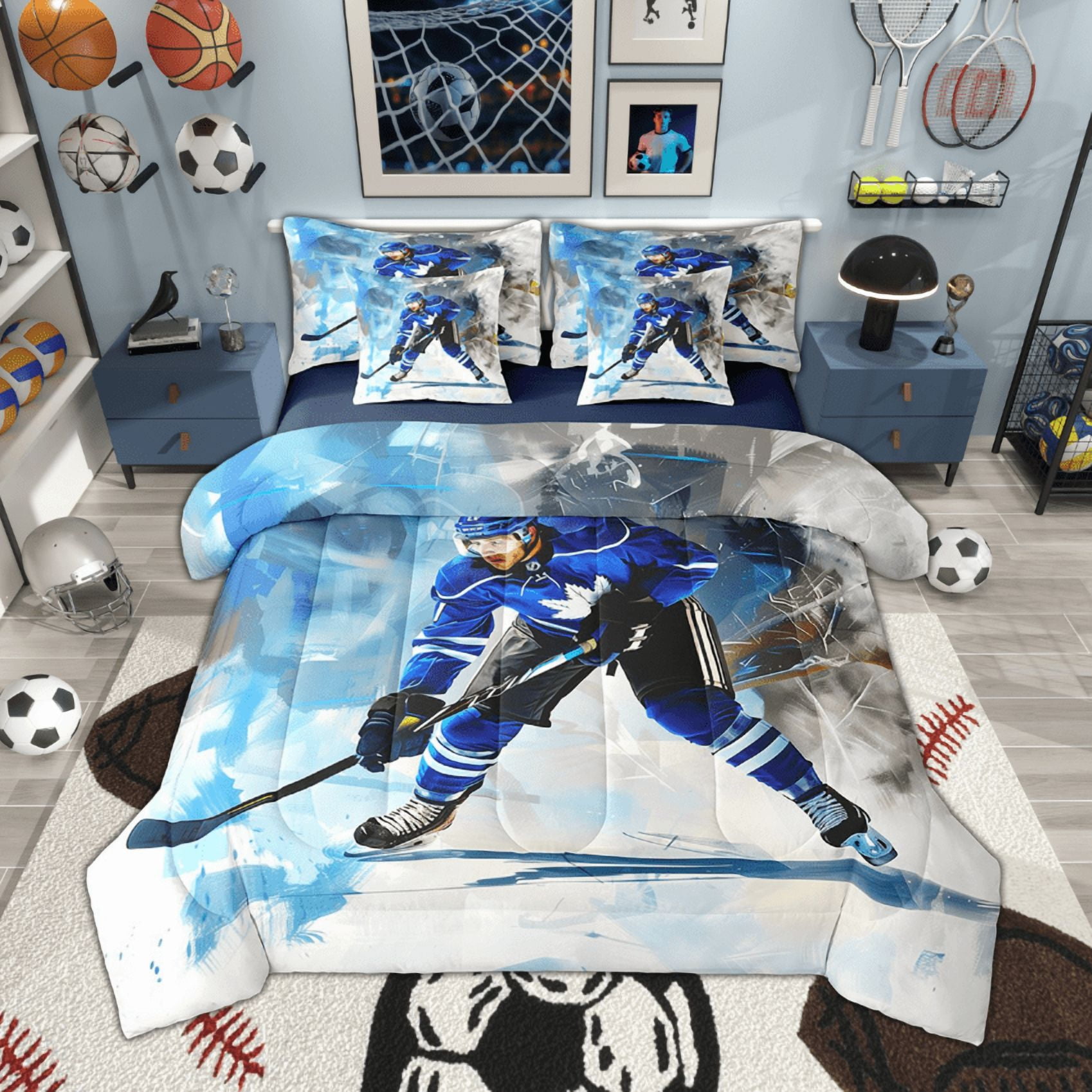 Feelyou Blue Hockey Player Bedding Comforter Set 7-Piece, Watercolor ...