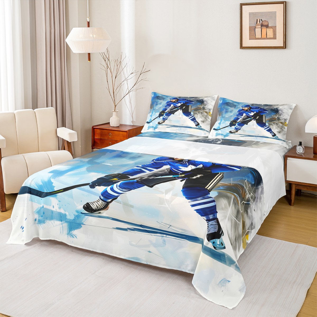 Feelyou Blue Hockey Player Twin Sheet Sets, Watercolor Ice Hockey Twin ...