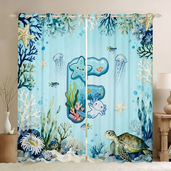 Feelyou Blue Initial F Black Out Curtains, Ocean Axolotl Curtains Pack ...